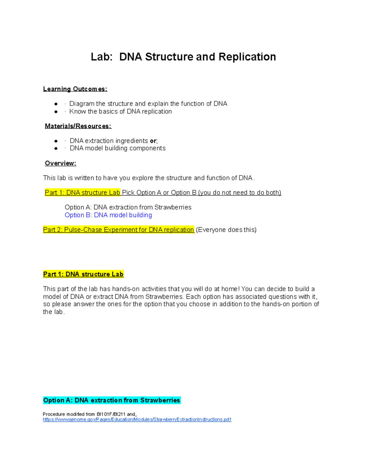 Lab: DNA Structure and Replication Overview for BI101F/BI211 - Studocu