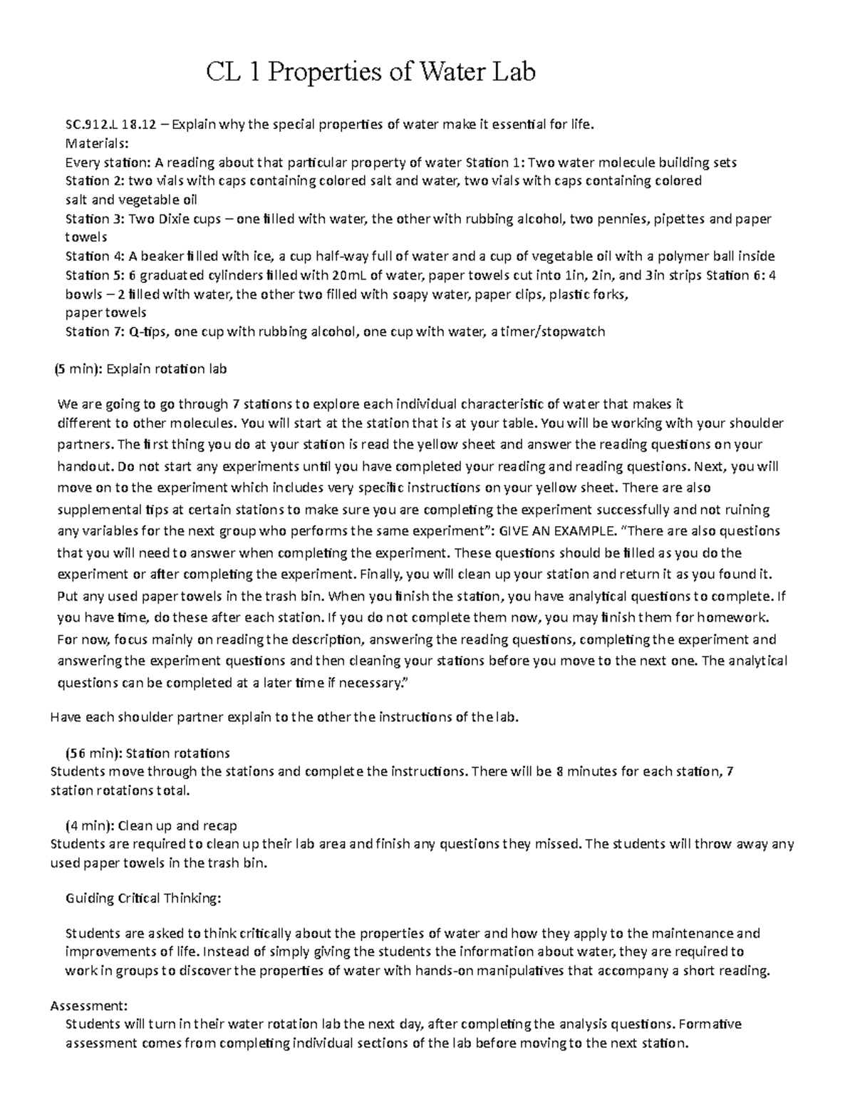 Cl 1 properties of water lab - CL 1 Properties of Water Lab SC.912 18 ...