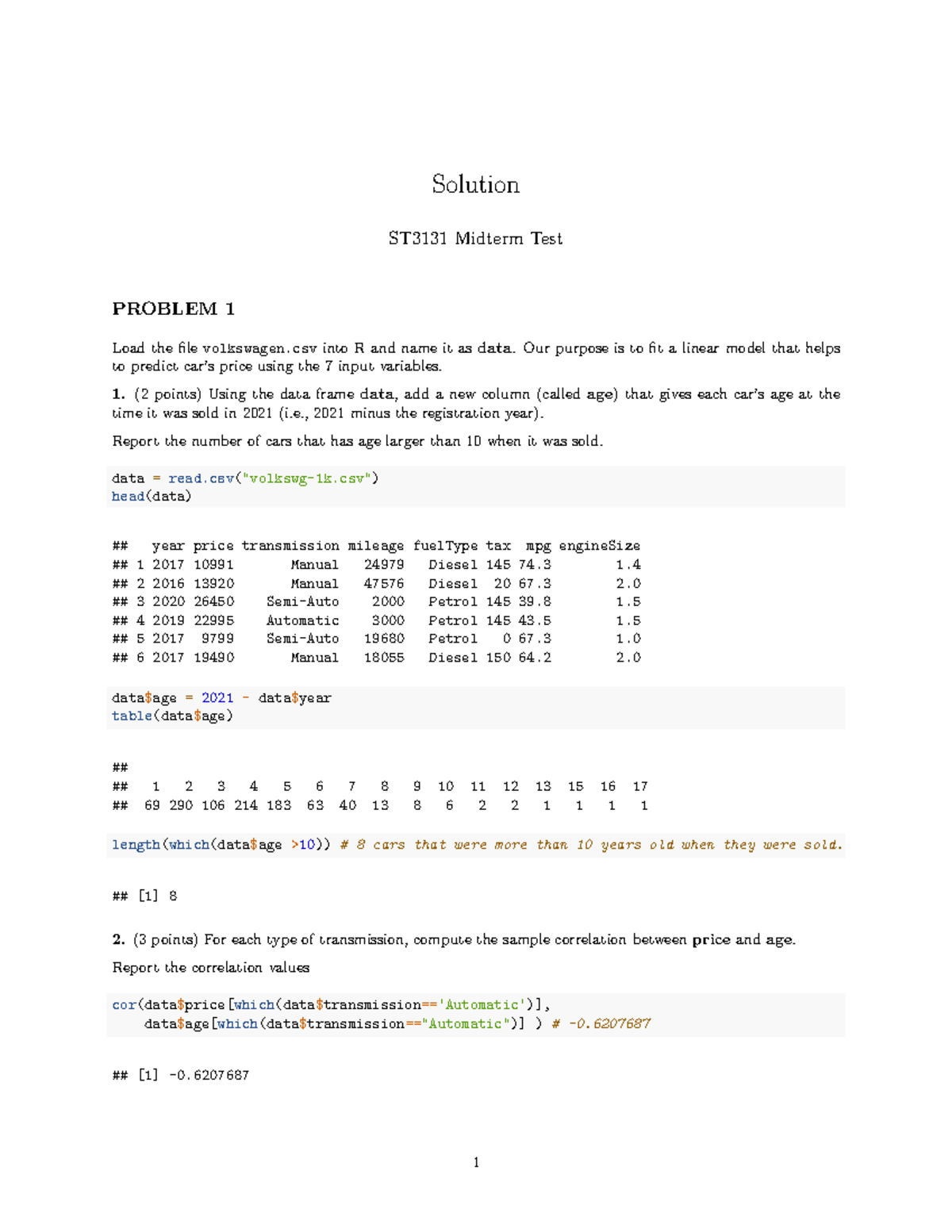 Solution ST3131 Midterm Analysis: Linear Model for Car Prices - Studocu