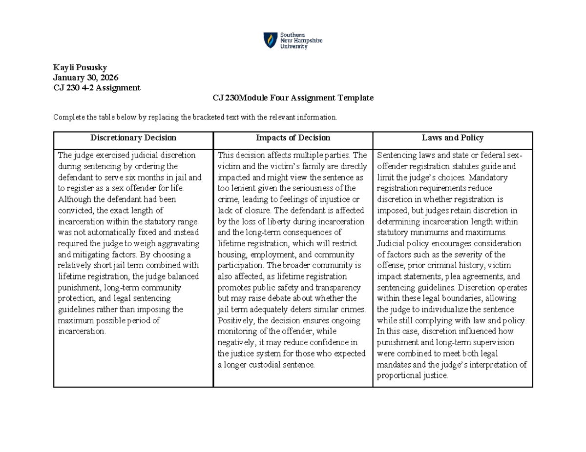 CJ 230 Module Four Assignment: Discretionary Decision Analysis - Studocu