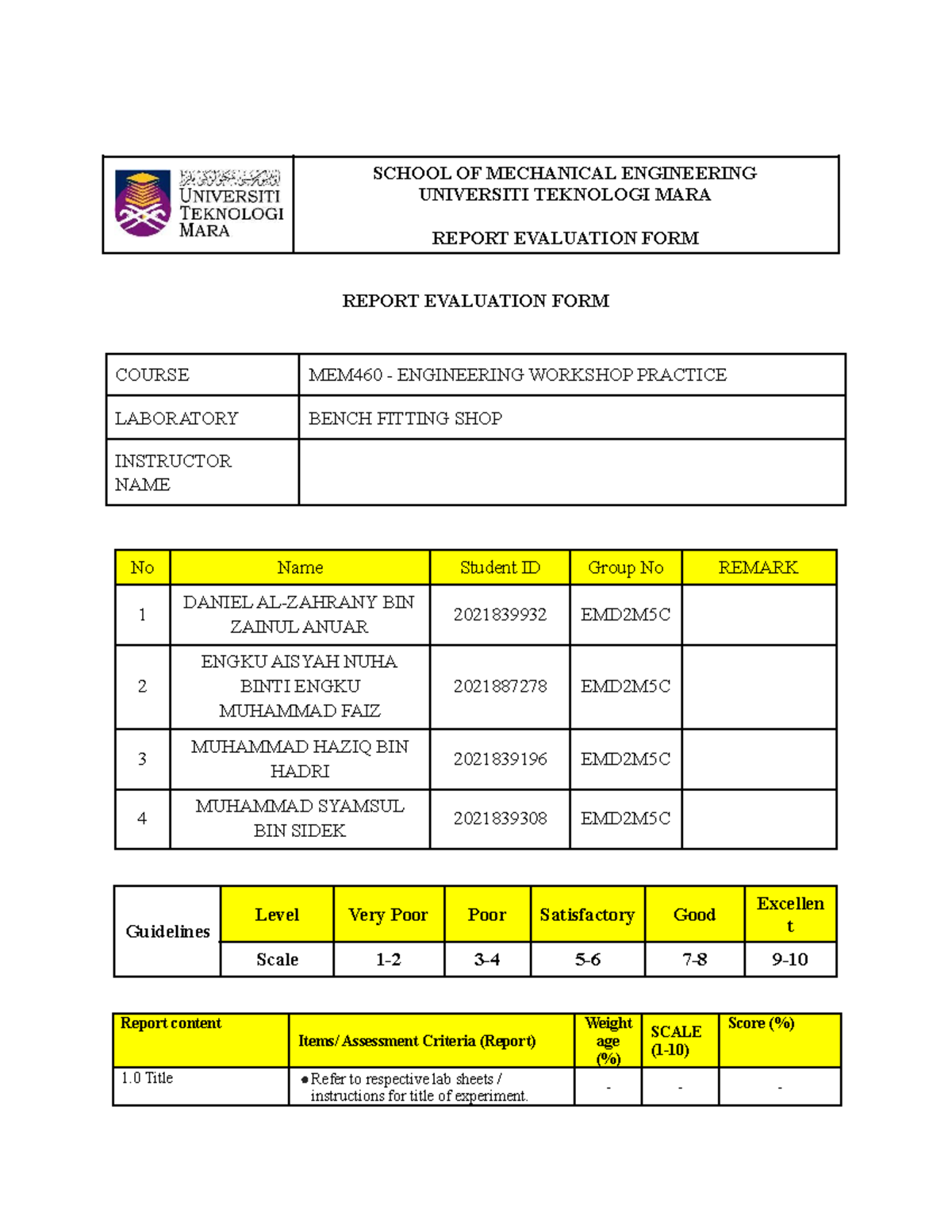 Lab Report on Bench Fitting: MEM460 Engineering Workshop Practice - Studocu