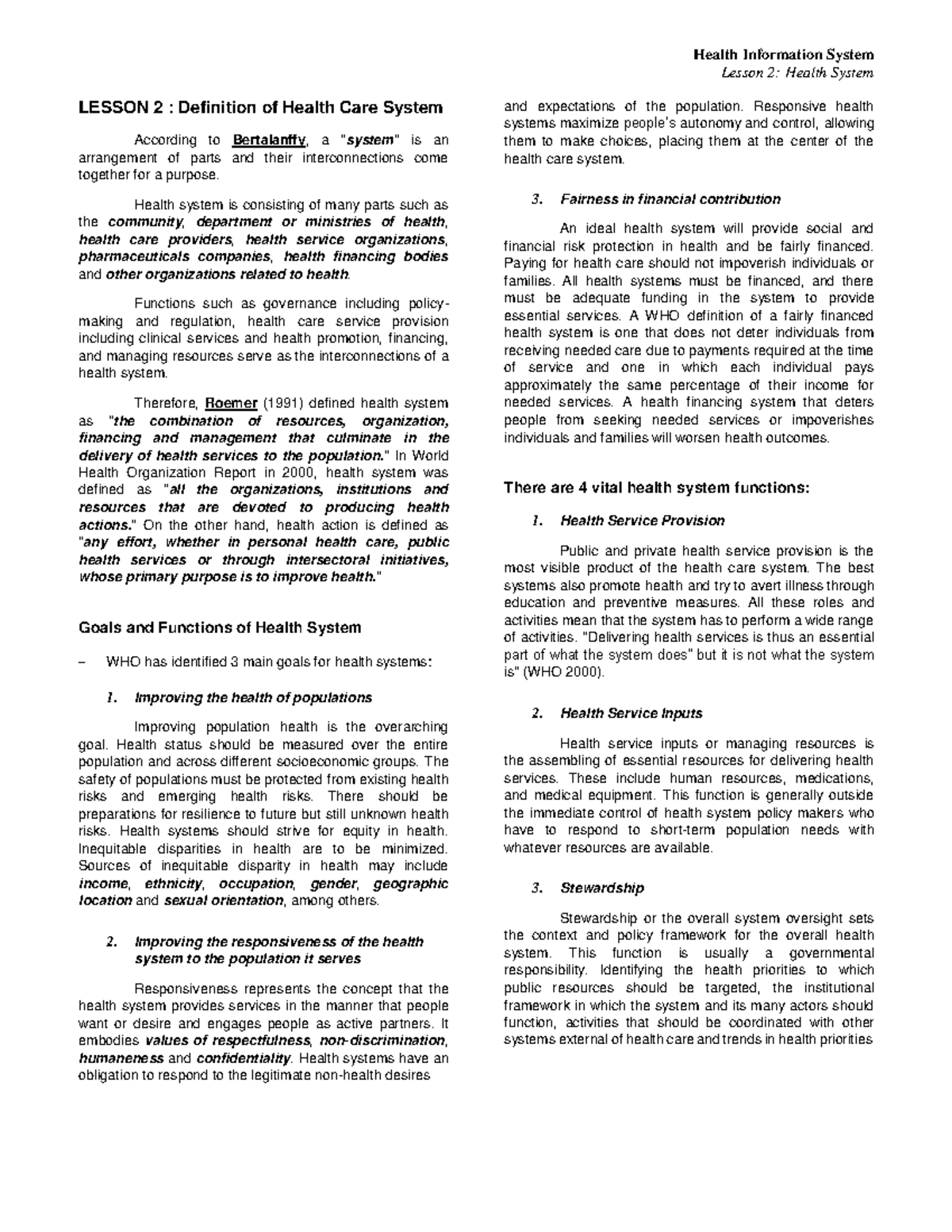 HIS-LEC: Comprehensive Overview of Health System Concepts and Goals ...