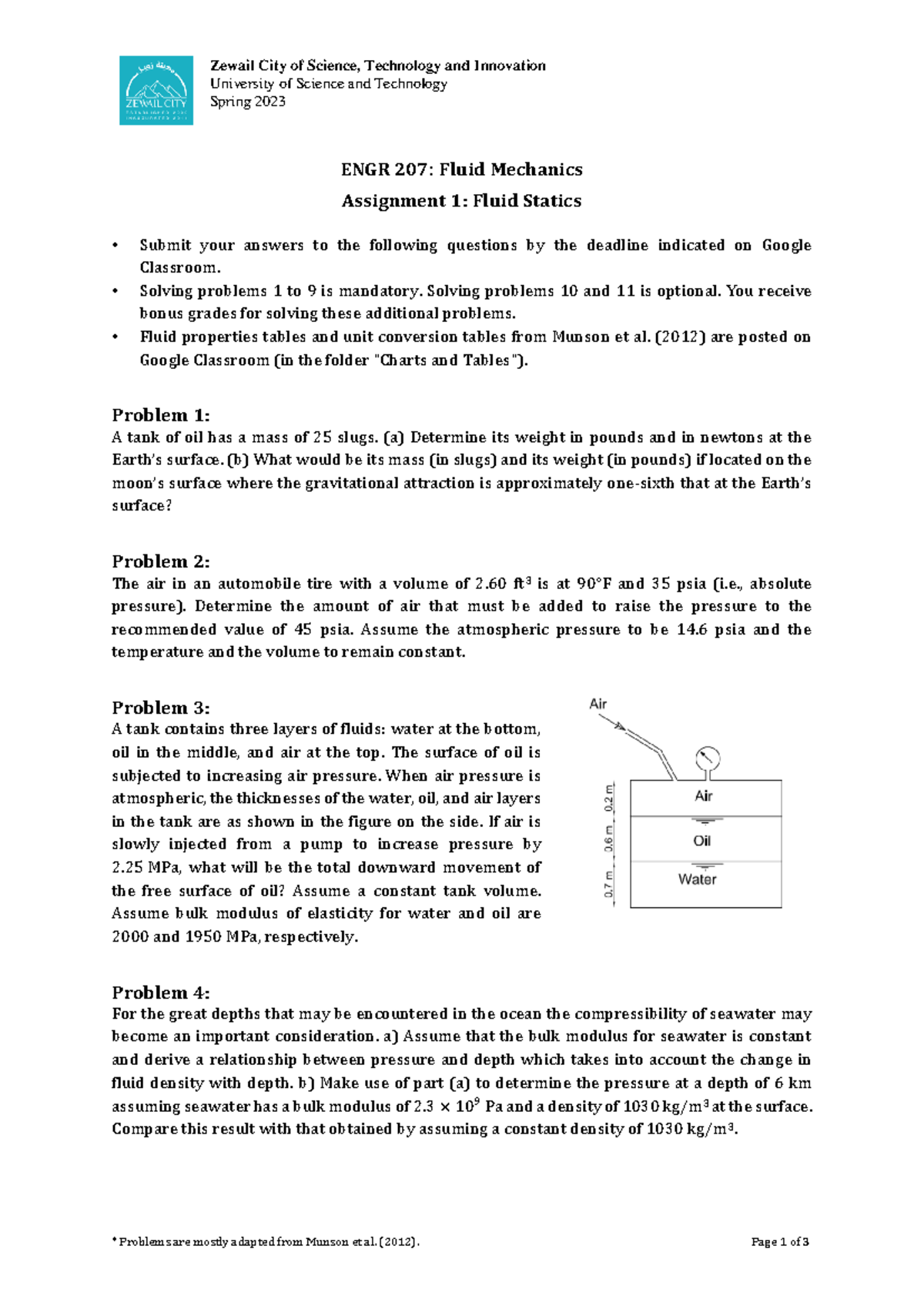 ENGR207: Fluid Statics Assignment 1 Problems and Solutions - Spring ...