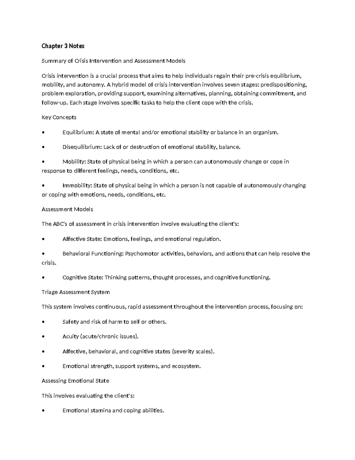 Chapter 3 Notes - Crisis Intervention & Assessment Models - Studocu