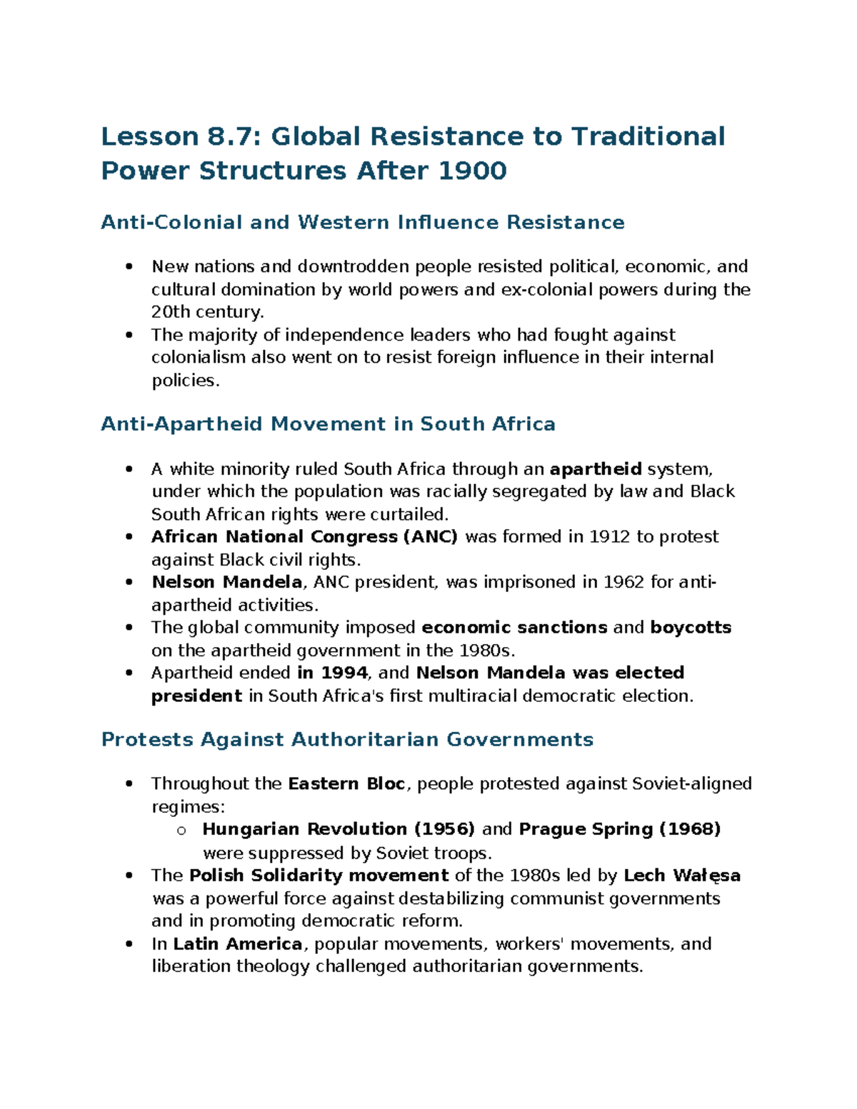 Lesson 8.7-8.9: Global resistance and the end of the Cold War - Studocu