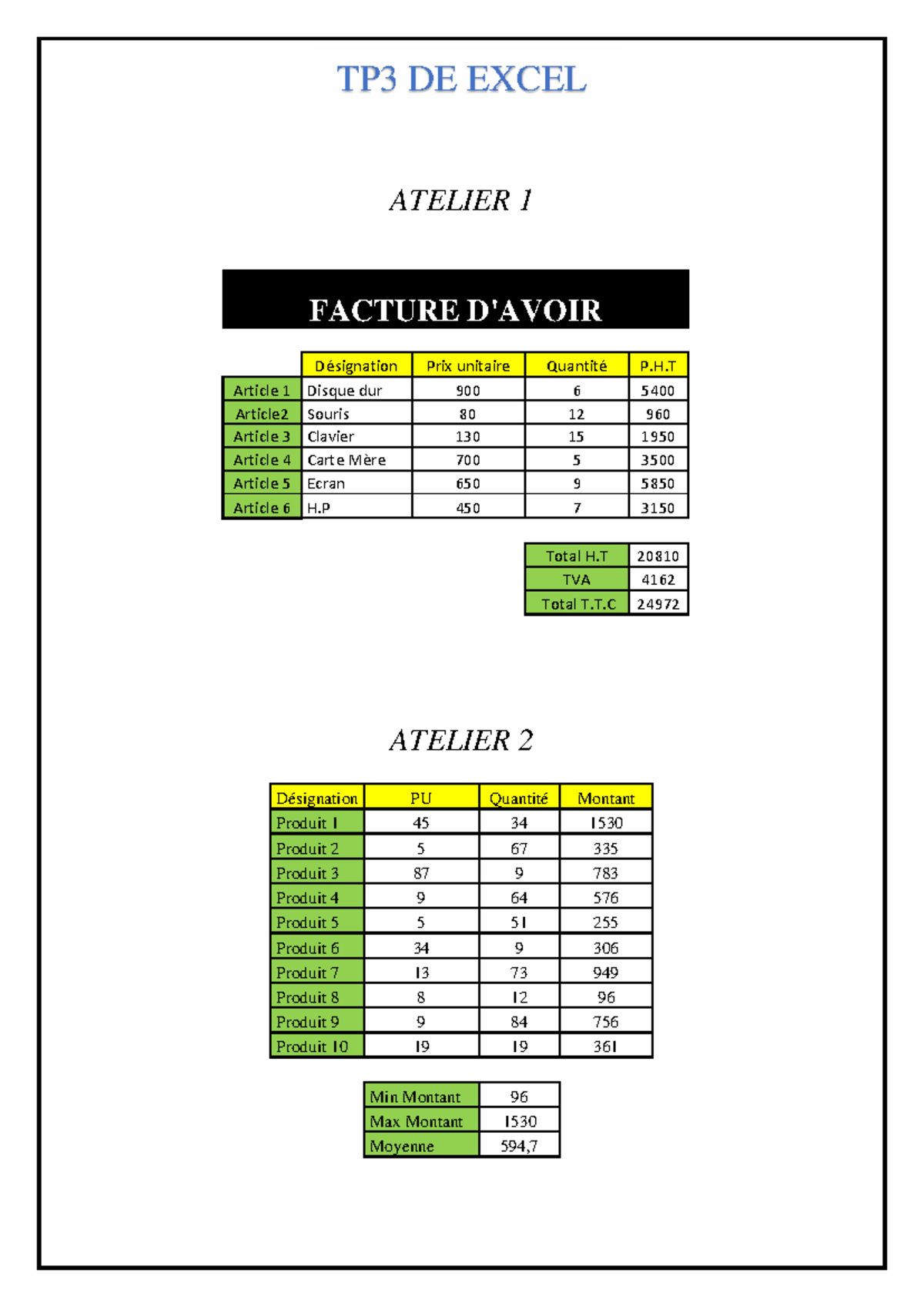 TP3 Excel Atelier 1 - Facture et Analyse des Produits - Studocu