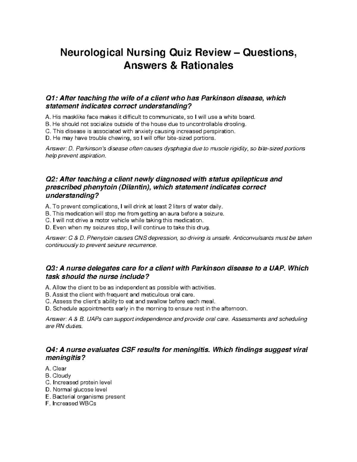 Neuro Nursing Quiz Review: Parkinson's, Epilepsy & MS Insights - Studocu