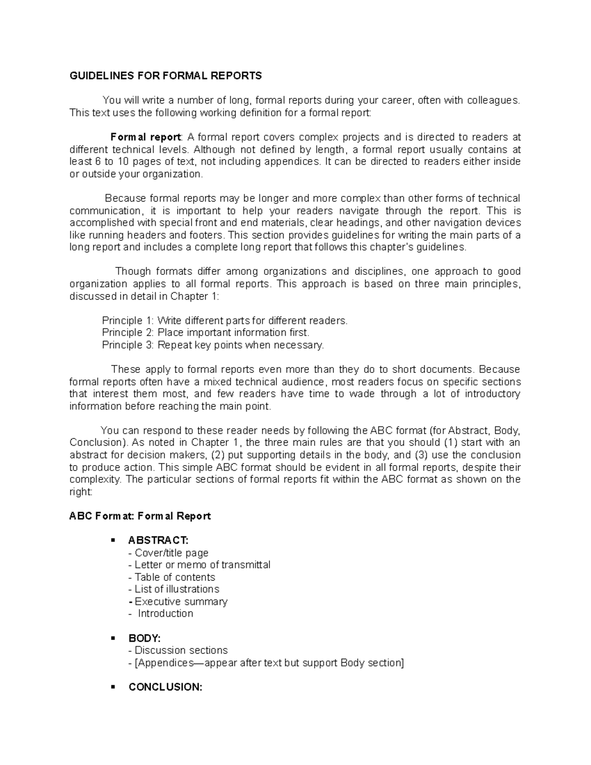 Guidelines For Formal Reports - GUIDELINES FOR FORMAL REPORTS You will write a number of long ...