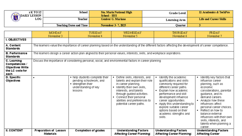 WEEK 20 (Nov 3-7) - Detailed Lesson Plan in Life & Career Skills - Studocu
