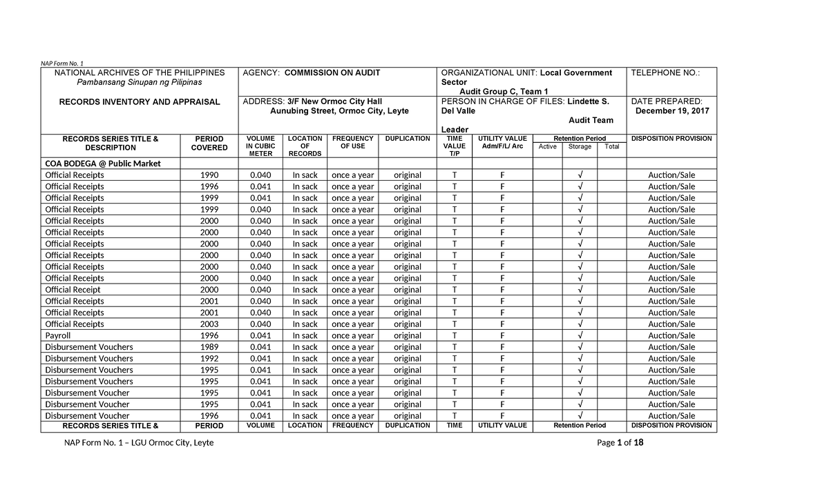 NAP Form No. 1 - Records Inventory and Appraisal Documentation - Studocu