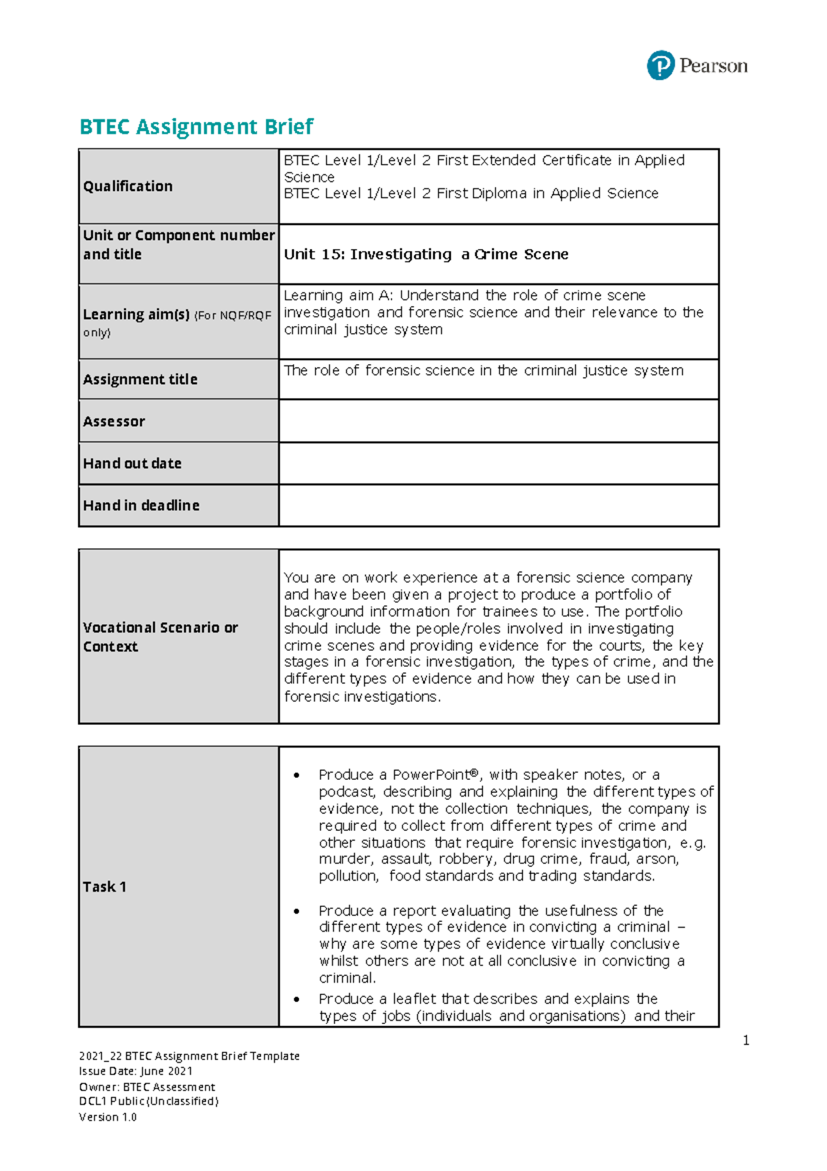Unit 15 Assignment Brief: Forensic Science in Criminal Justice - Studocu