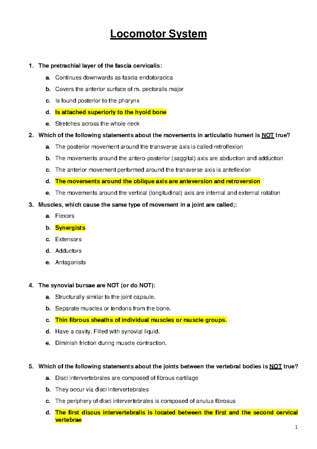 1. Locomotor System - Exam Questions and Answers for Course XYZ 101 ...