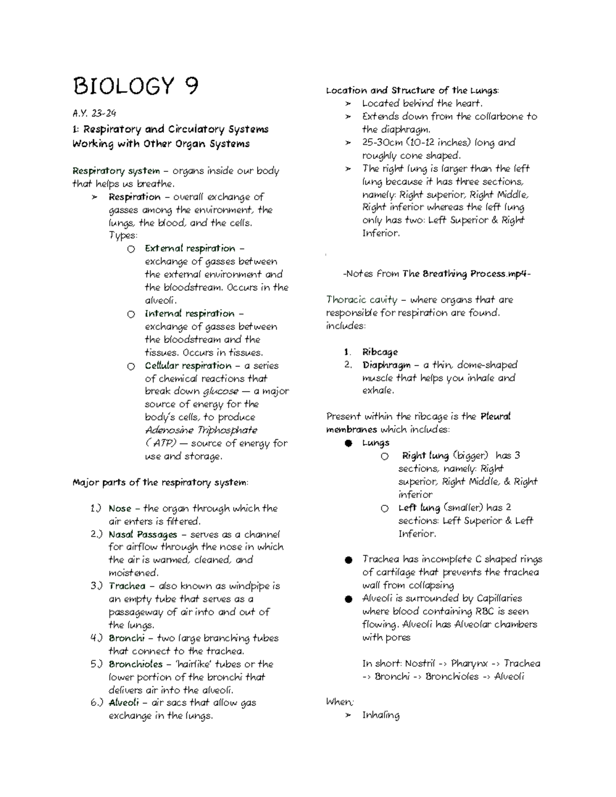 BIOLOGY 9 A.Y. 1: Respiratory & Circulatory Systems Overview and ...