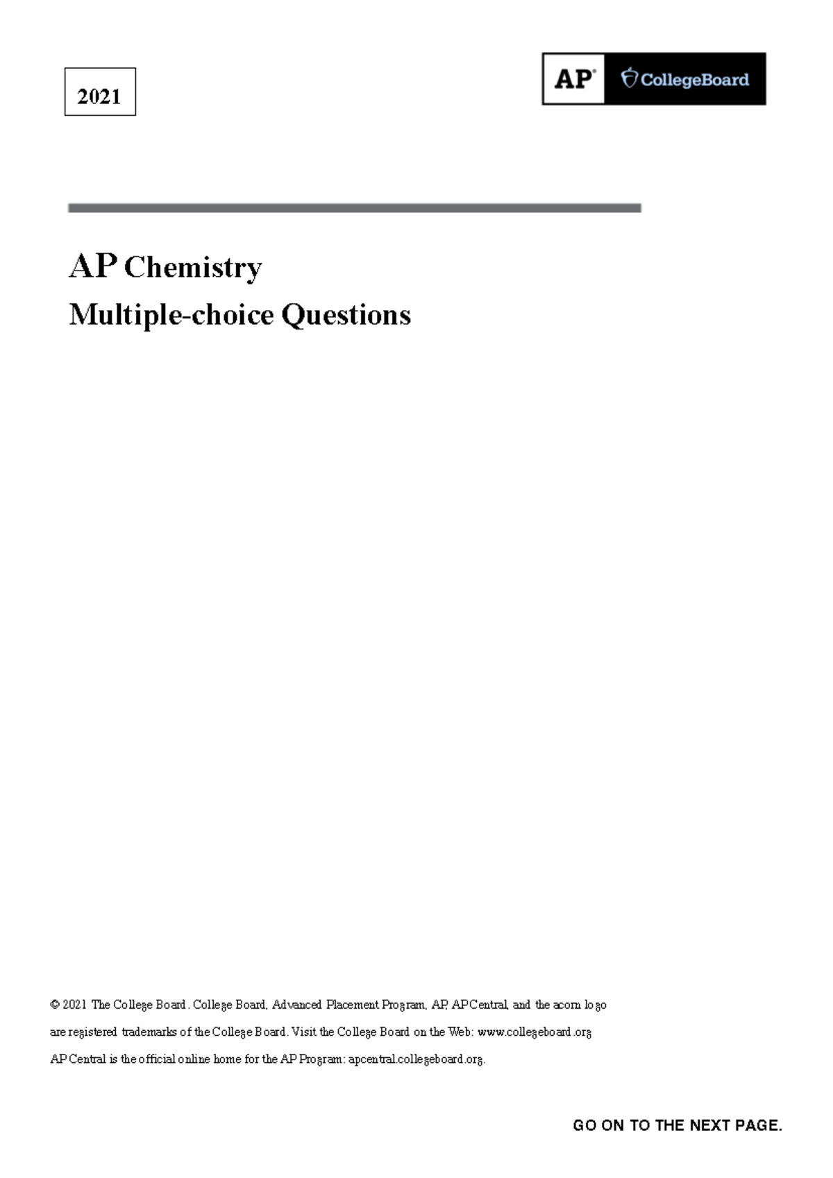AP 化学 真题（2021） - AP CHEMISTRY MCQ & FRQ 2021 - Studocu
