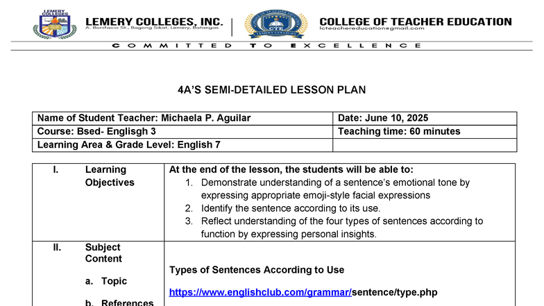 ENGLISH 7 LESSON PLAN: Understanding Types of Sentences - Studocu