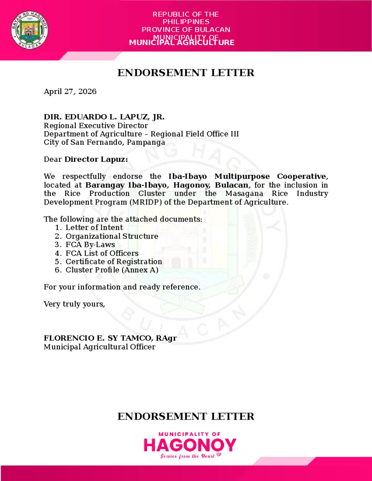 Endorsement Letter for Rice Production Cluster - Bulacan - Studocu