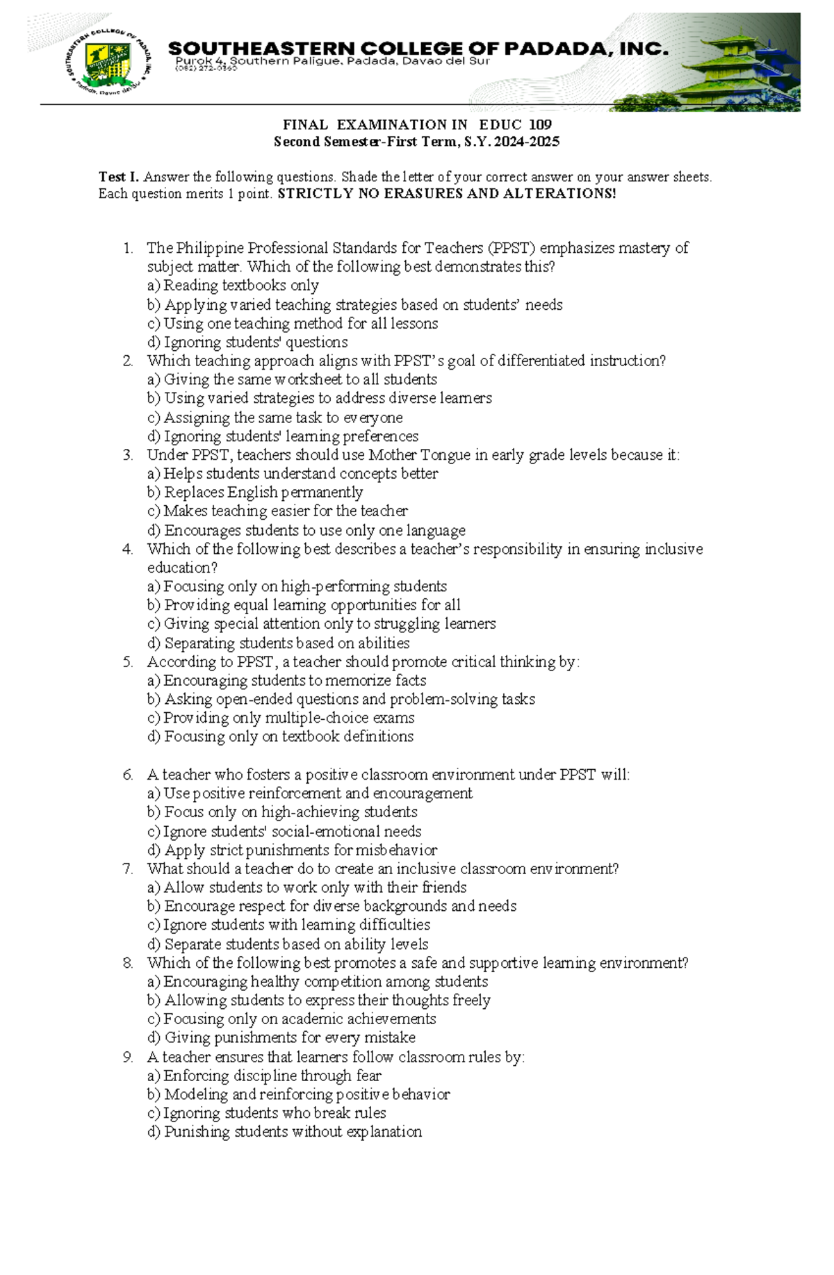 Final Examination IN EDUC 109 - FINAL EXAMINATION IN EDUC 109 Second ...