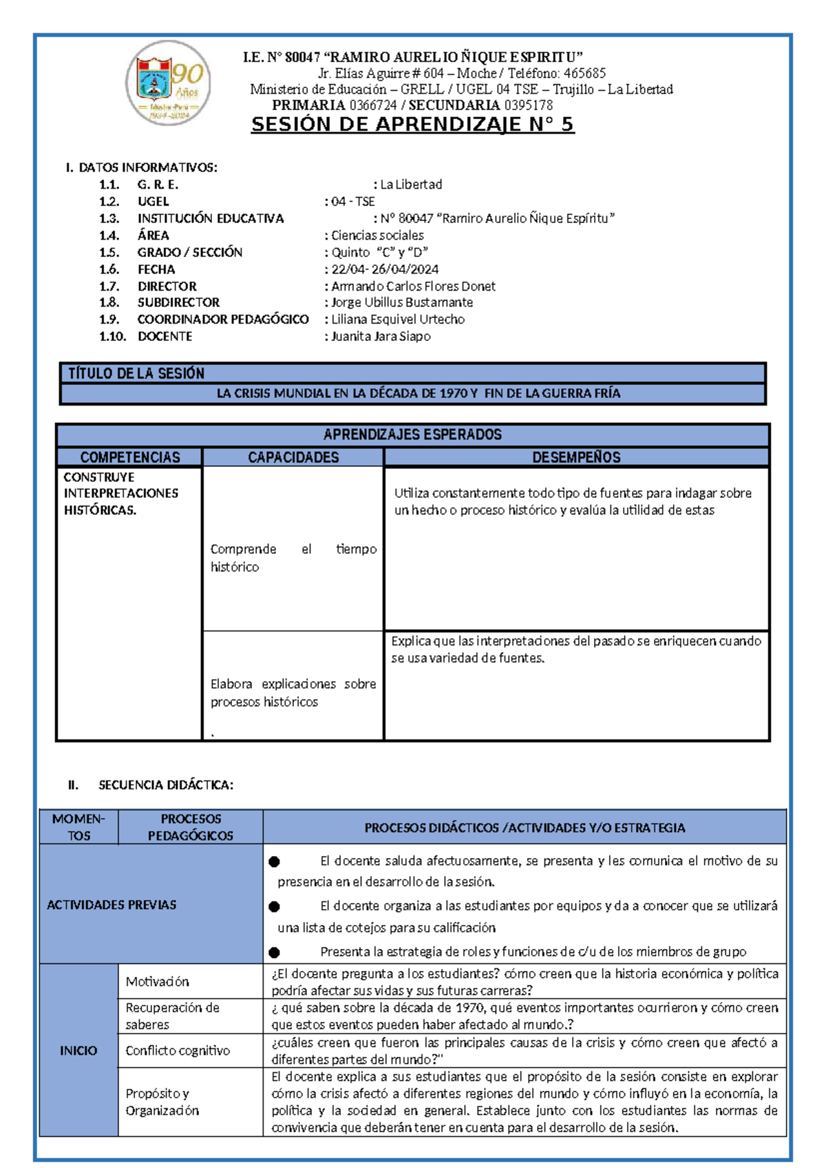 Sesión de Aprendizaje N° 05: La Crisis Mundial en la Década de 1970 - Studocu