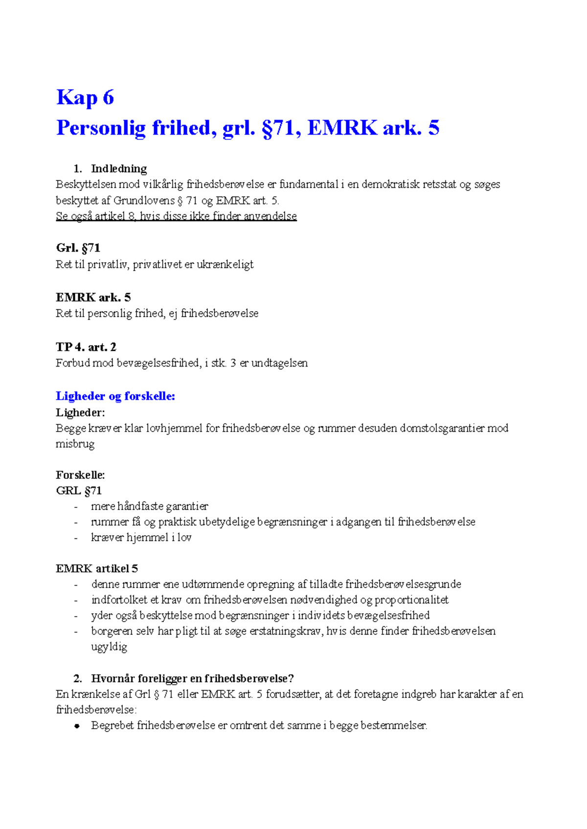 Kapitel 6: Personlig Frihed, Grl. §71 og EMRK Art. 5 - En Analyse - Studocu