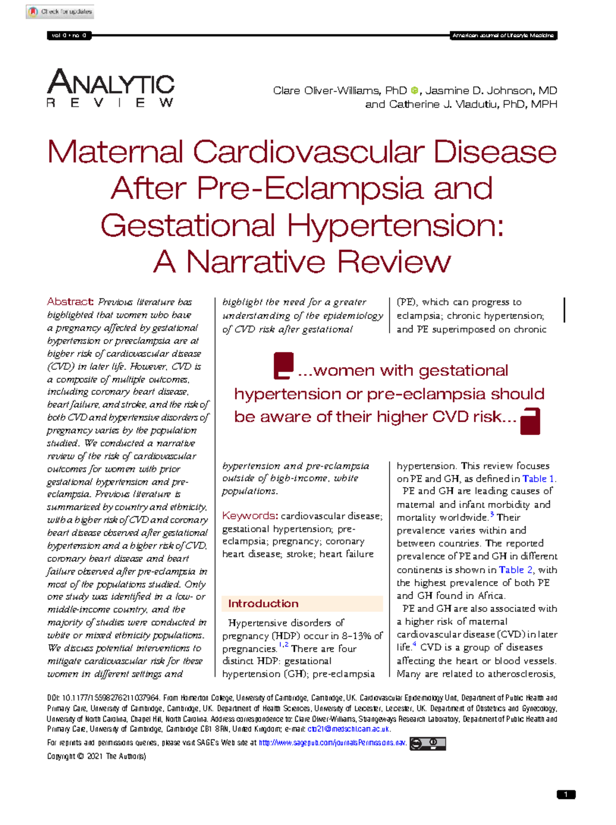 Maternal CVD Risks Post-Gestational Hypertension & Preeclampsia: A ...