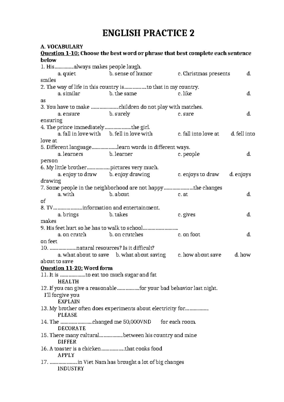 English Practice 2: Vocabulary & Grammar Exercises - Studocu