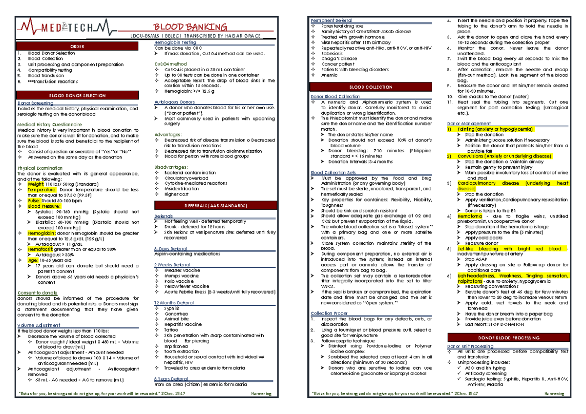 BLOOD BANKING l BBLEC l TRANSCRIBED NOTES ON DONOR SELECTION & TESTING ...