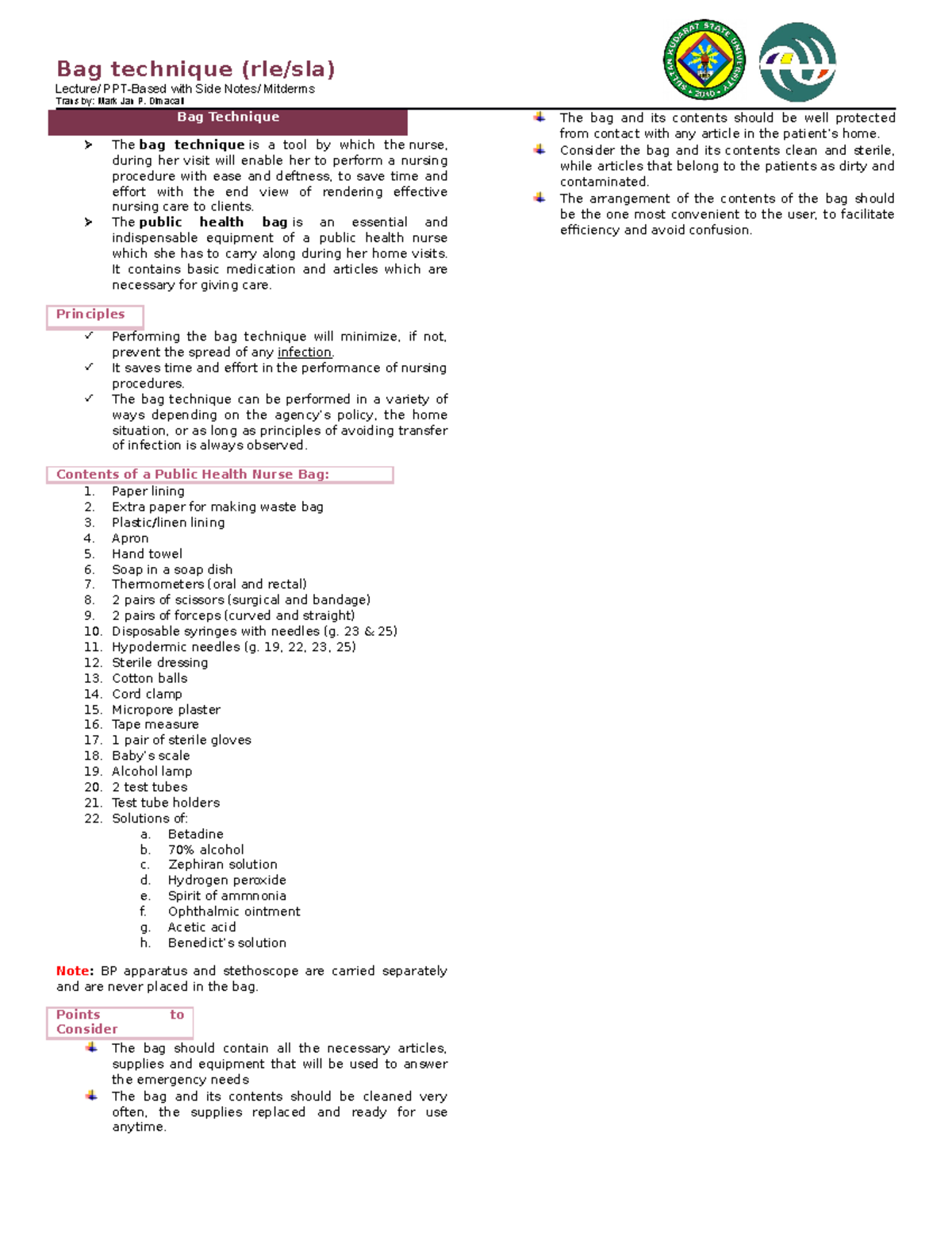 Bag Technique - Lecture Notes (RLE/SLA) on Nursing Procedures - Studocu