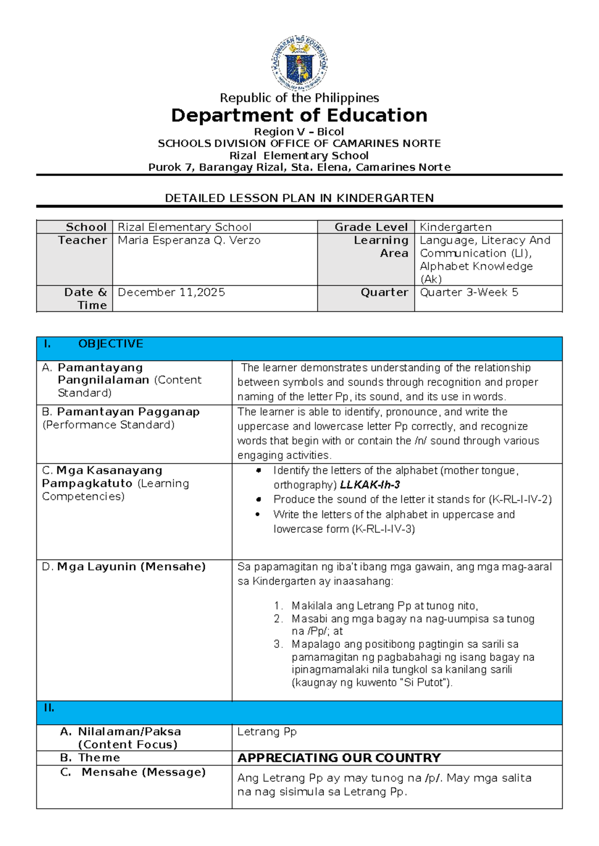 Q3 Week 5 Detailed Lesson Plan: Titik Pp in Kindergarten - Studocu