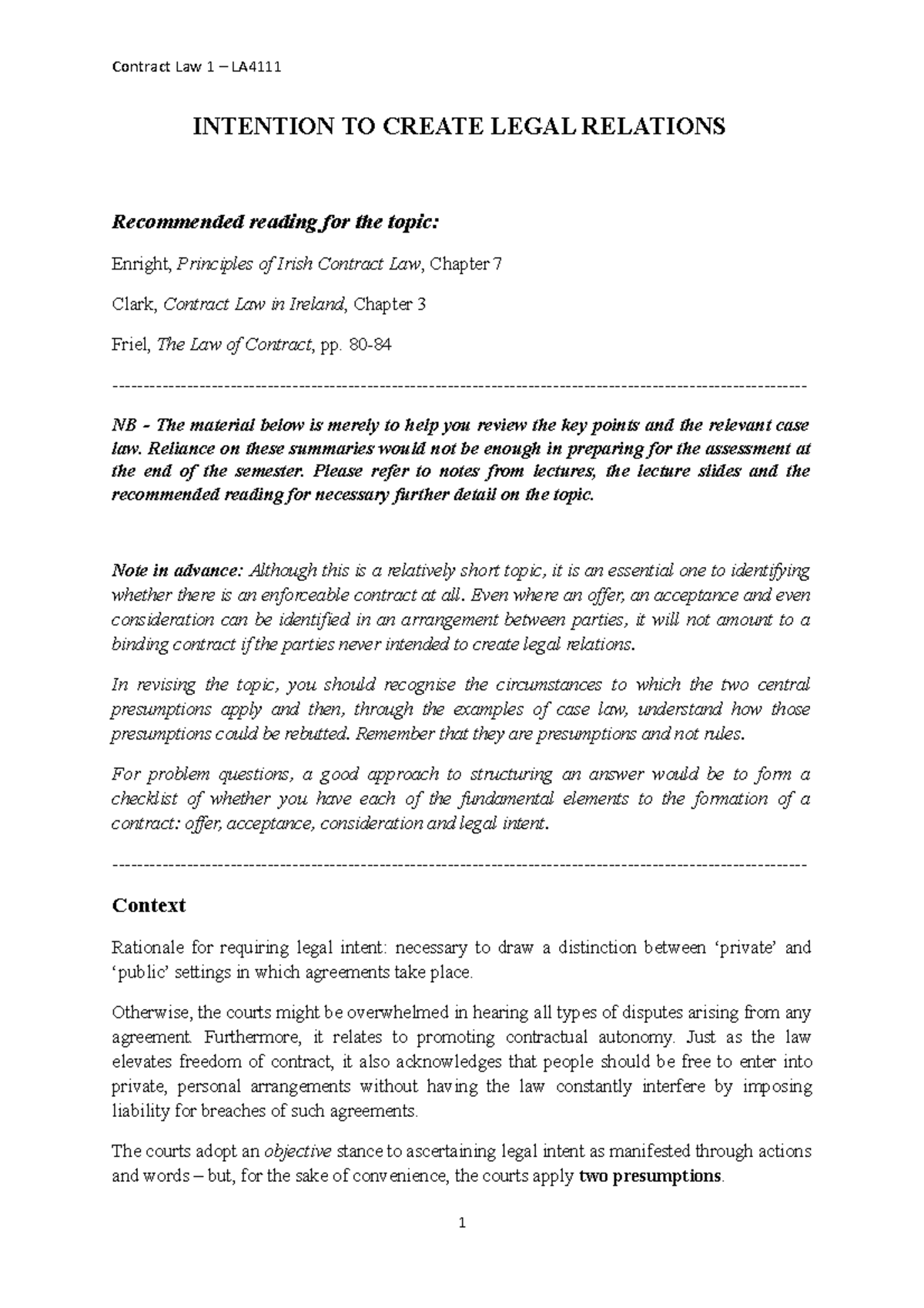 Topic 4 Contract Law - Intention to Create Legal Relations - Studocu