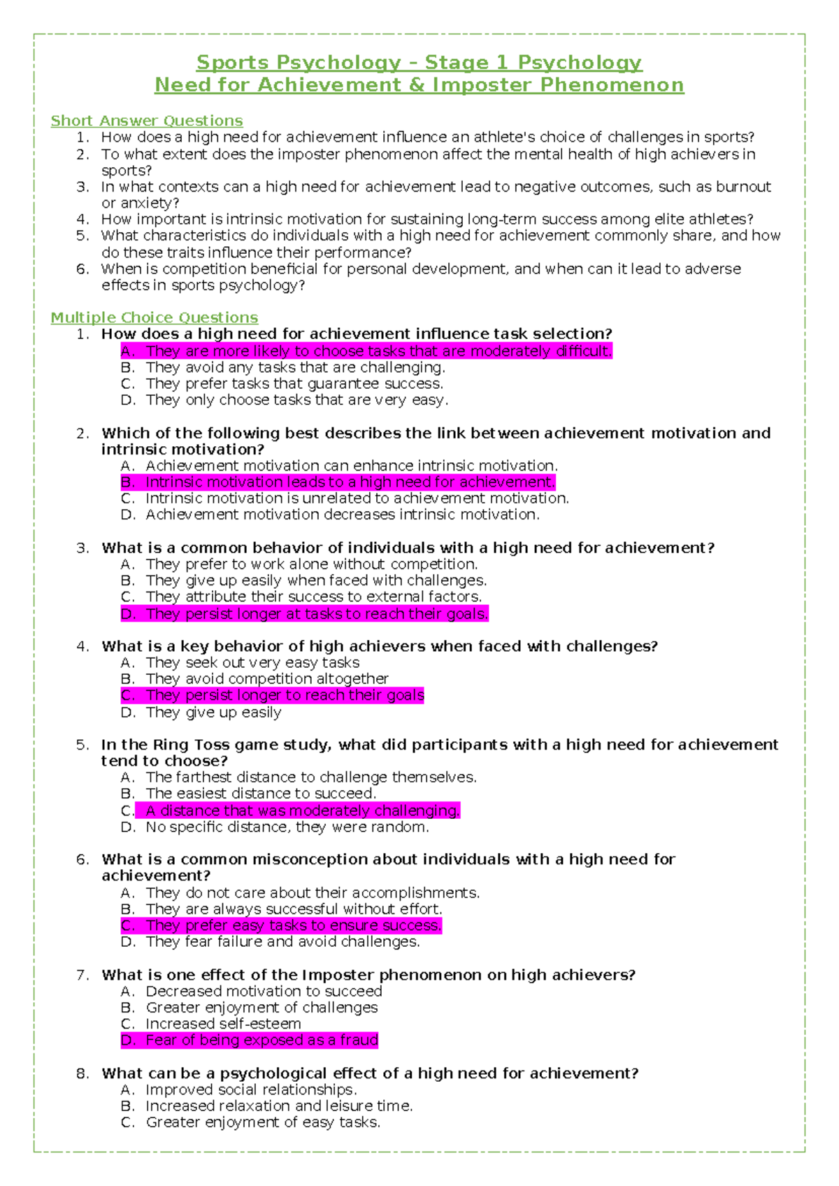 PSY 101: Need for Achievement & Imposter Phenomenon Worksheet - Studocu