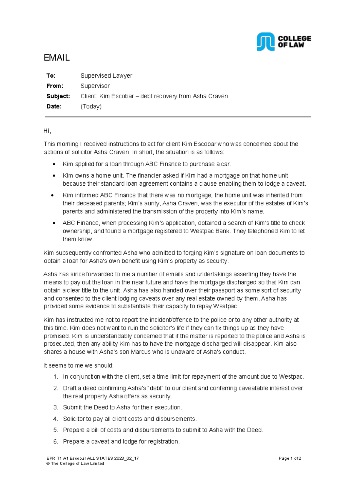 EPR T1 A1 - Email Correspondence on Kim Escobar's Debt Recovery Case ...