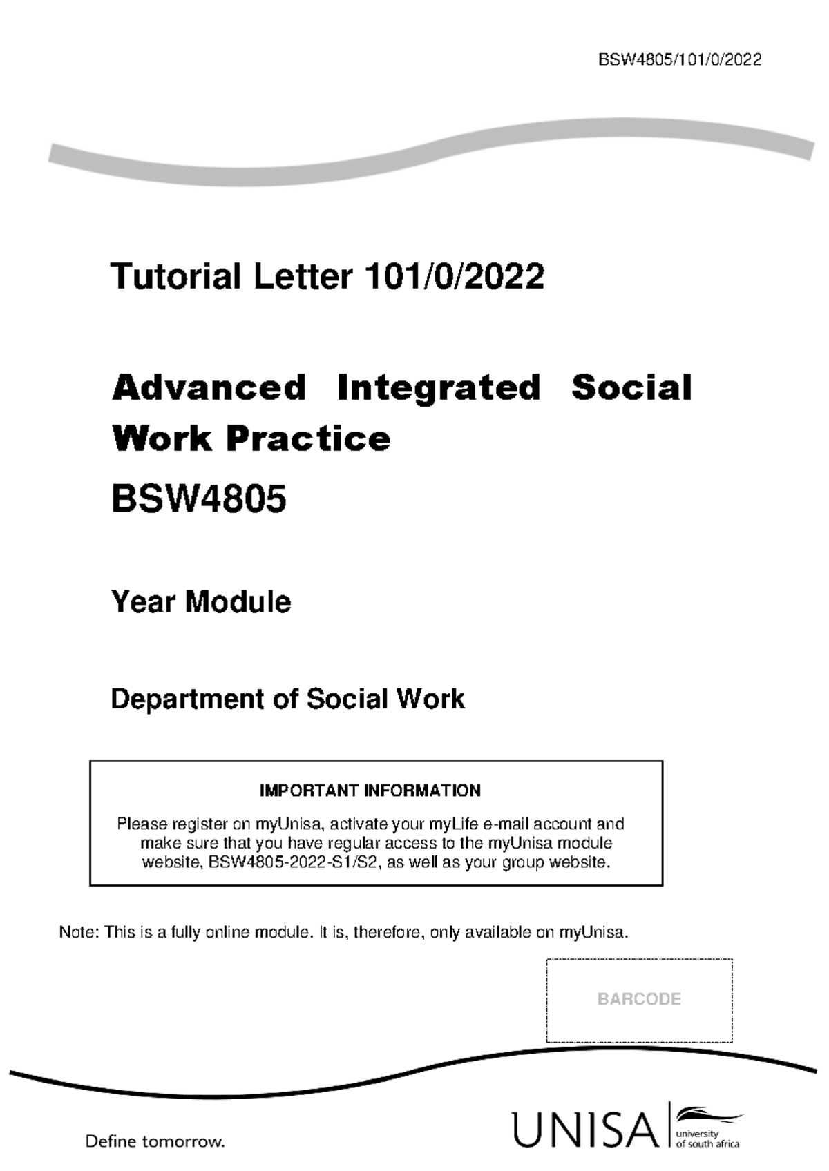 BSW4805 Tutorial Letter 101: Overview of Advanced Social Work Practice ...