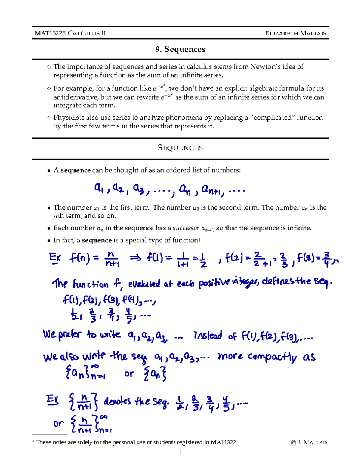 LEC 1 - sequences - MAT1322E C ALCULUS II E LIZABETH M ALTAIS 9 ...