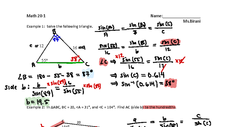 Math 20-1 Trigonometry: Solving Triangles and Cosine Law - Studocu