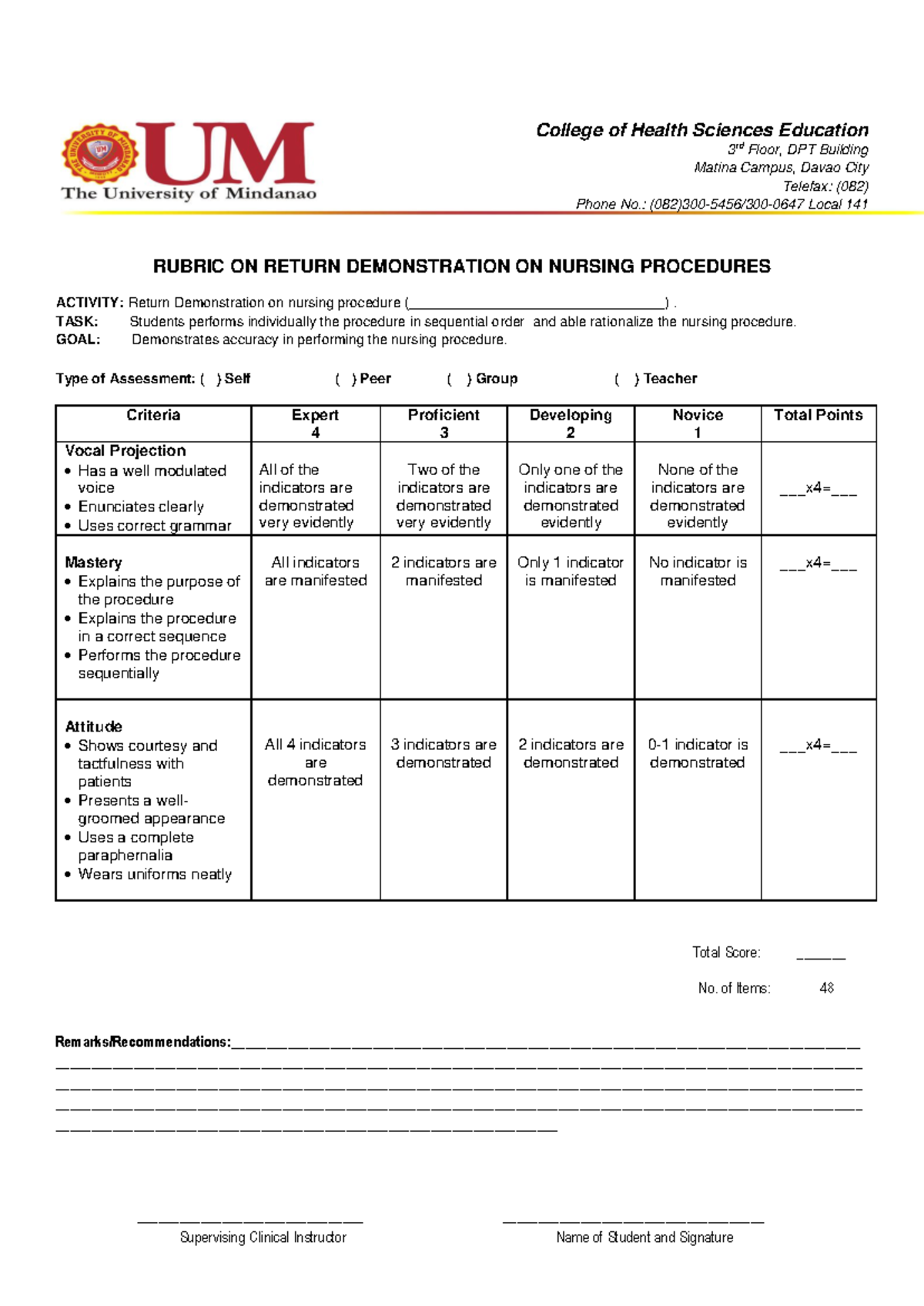 Rubric for Return Demonstration on Nursing Procedures (DPT 3rd Floor ...