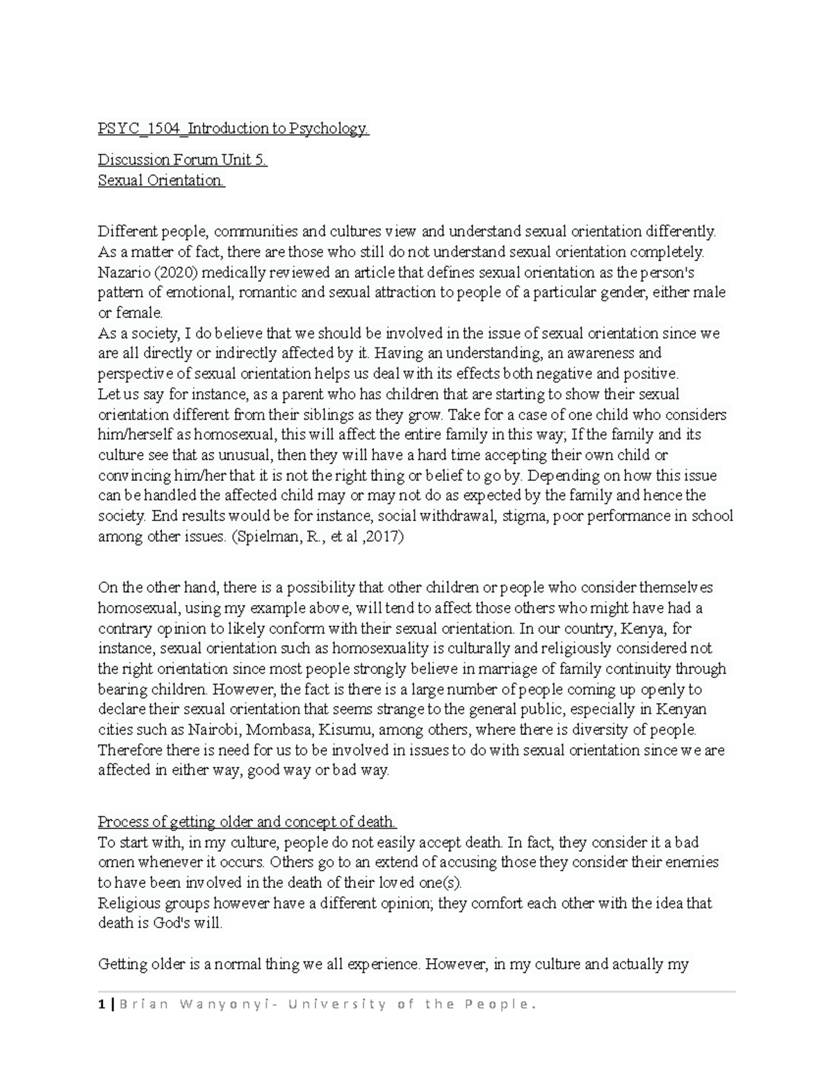 PSYC 1504 Discussion Forum Unit 5 - PSYC_1504_Introduction to ...