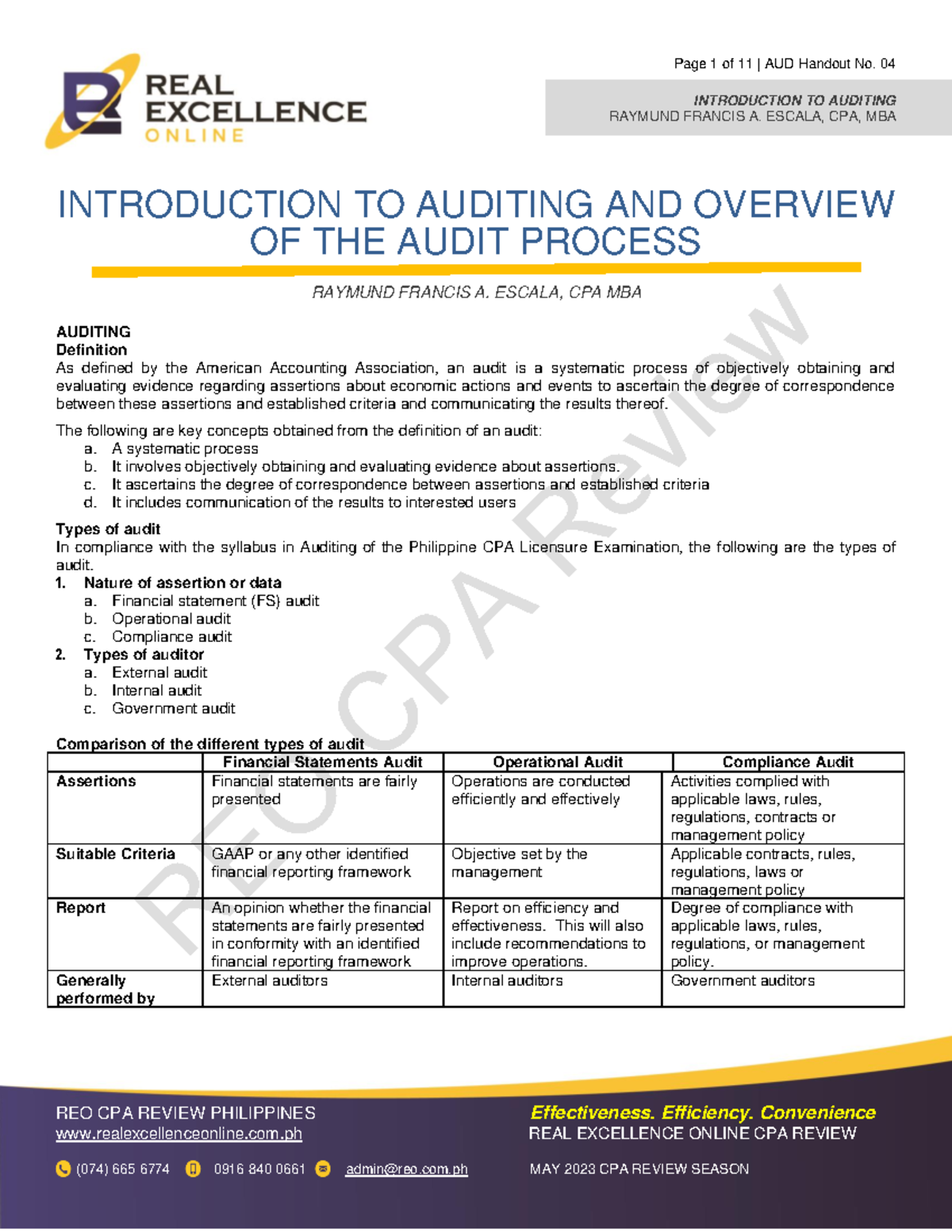 04 Introduction to Auditing - REO CPA Review Page 1 of 11 | AUD Handout No. 04 INTRODUCTION TO ...
