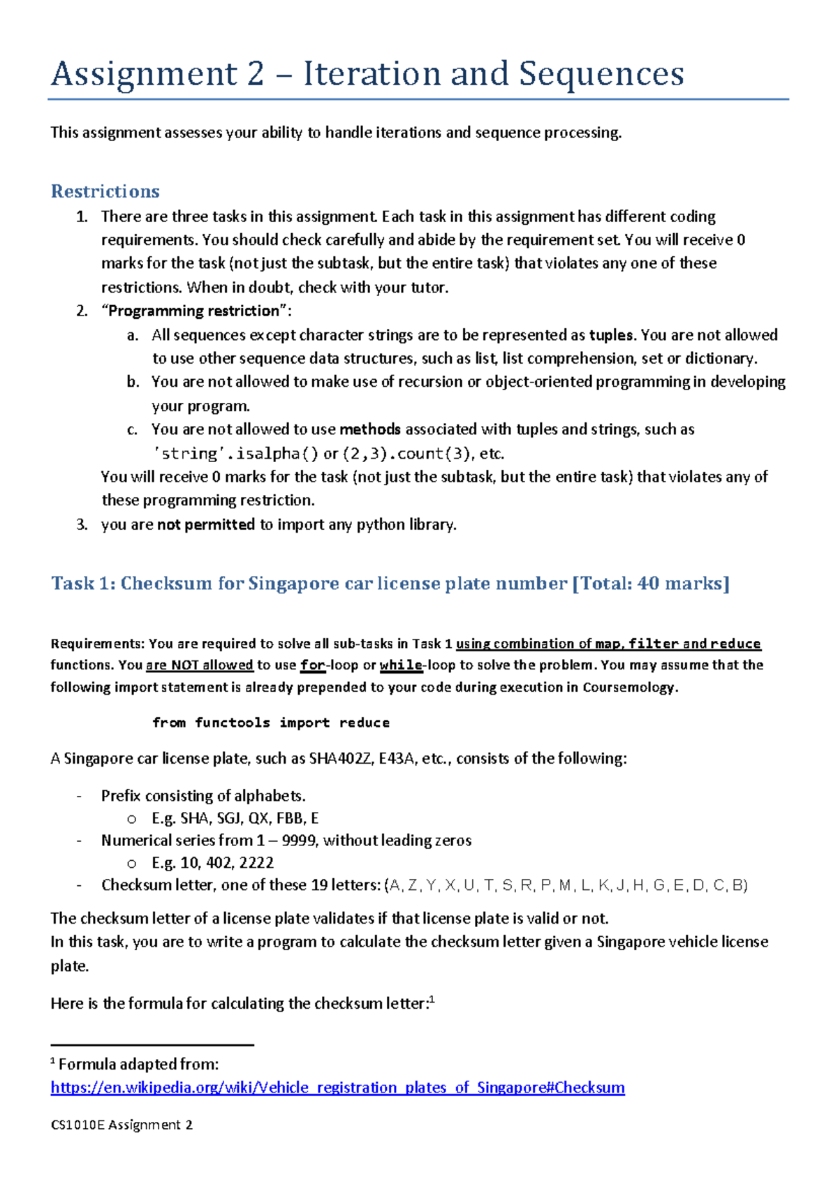 CS1010E Assignment 2: Iterations and Sequences Processing - Studocu