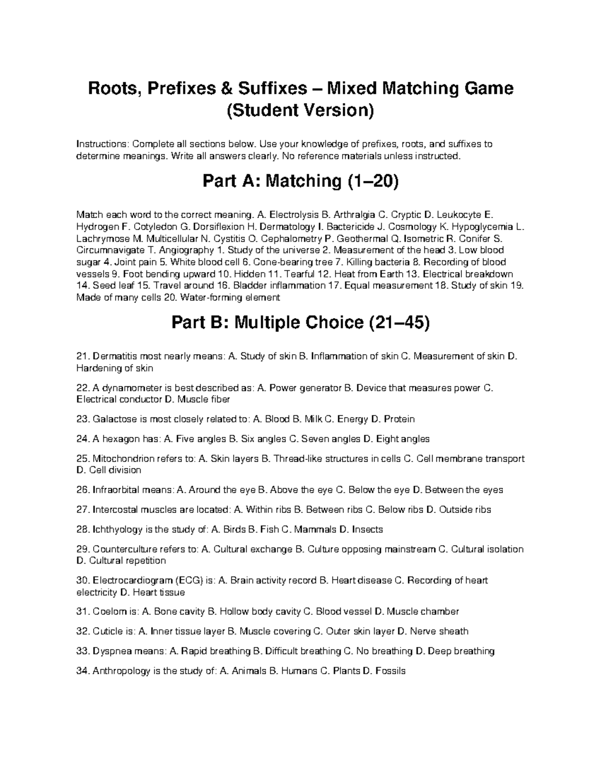 Roots, Prefixes, Suffixes Mixed Matching Game (Student Version) - Studocu
