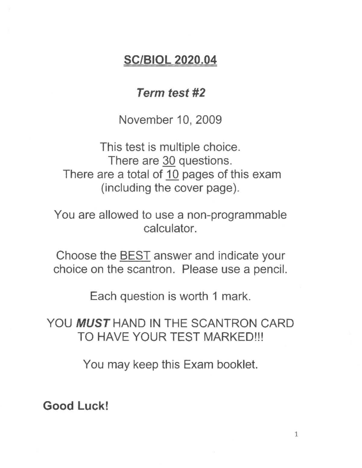 Biochemistry Term Test - Questions & Answers (2020.04, Nov 10, 2009 ...