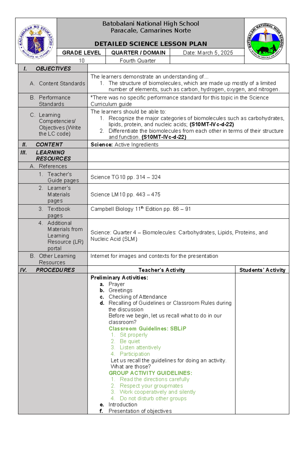 Grade 10 Science Lesson Plan: Biomolecules Overview (4th Quarter) - Studocu