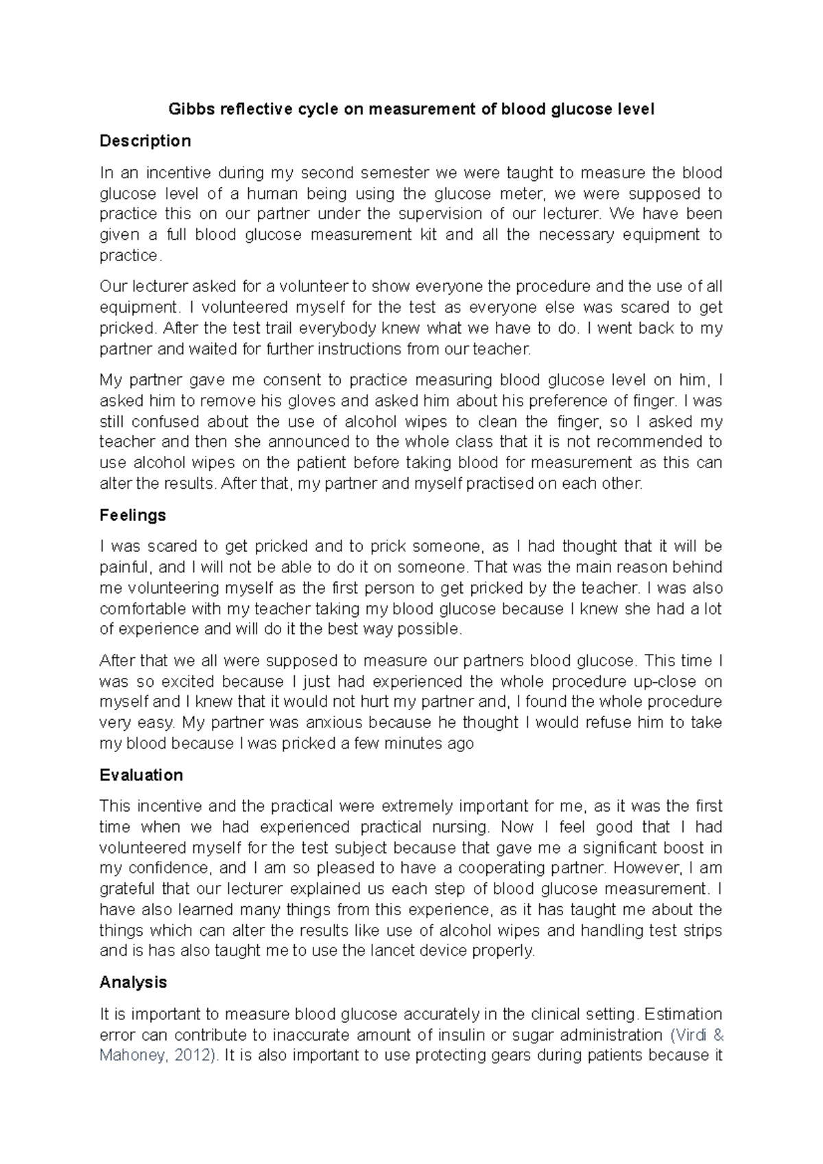Gibbs reflective cycle on measurement of blood glucose level - Gibbs ...