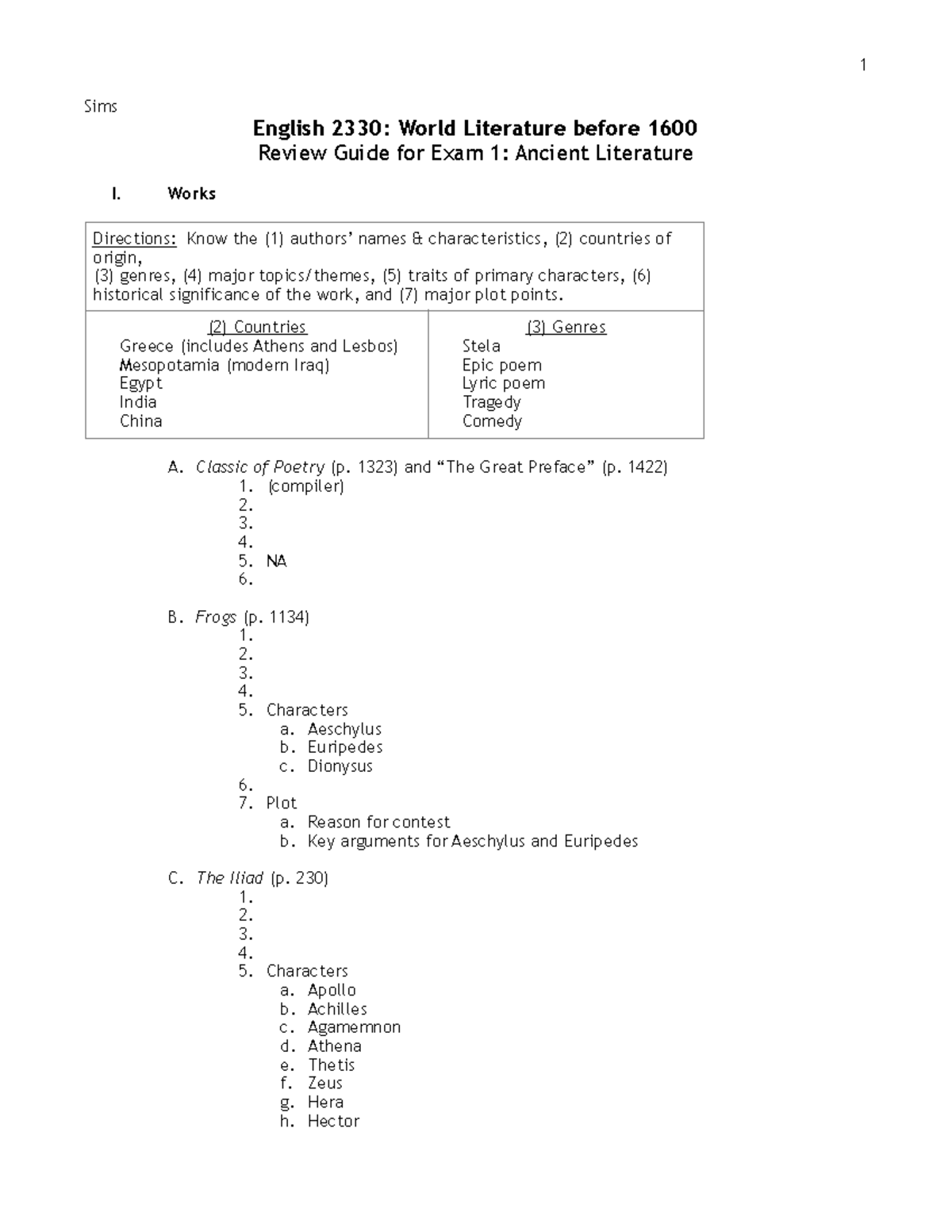English 2330 Test 1 Review: Ancient Literature (Gilgamesh, Iliad) - Studocu