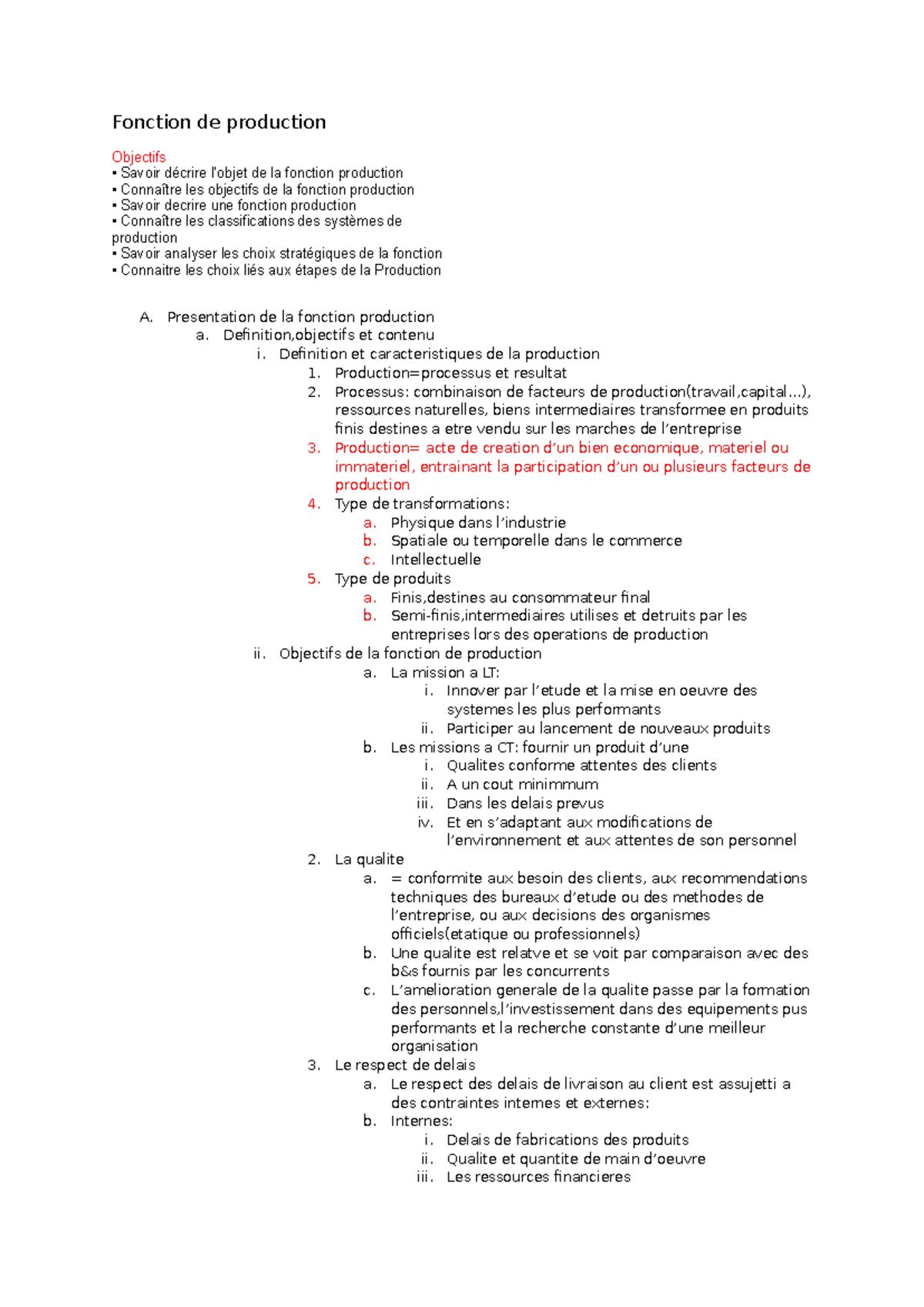 Fonction de Production : Objectifs et Stratégies (Cours 101) - Studocu