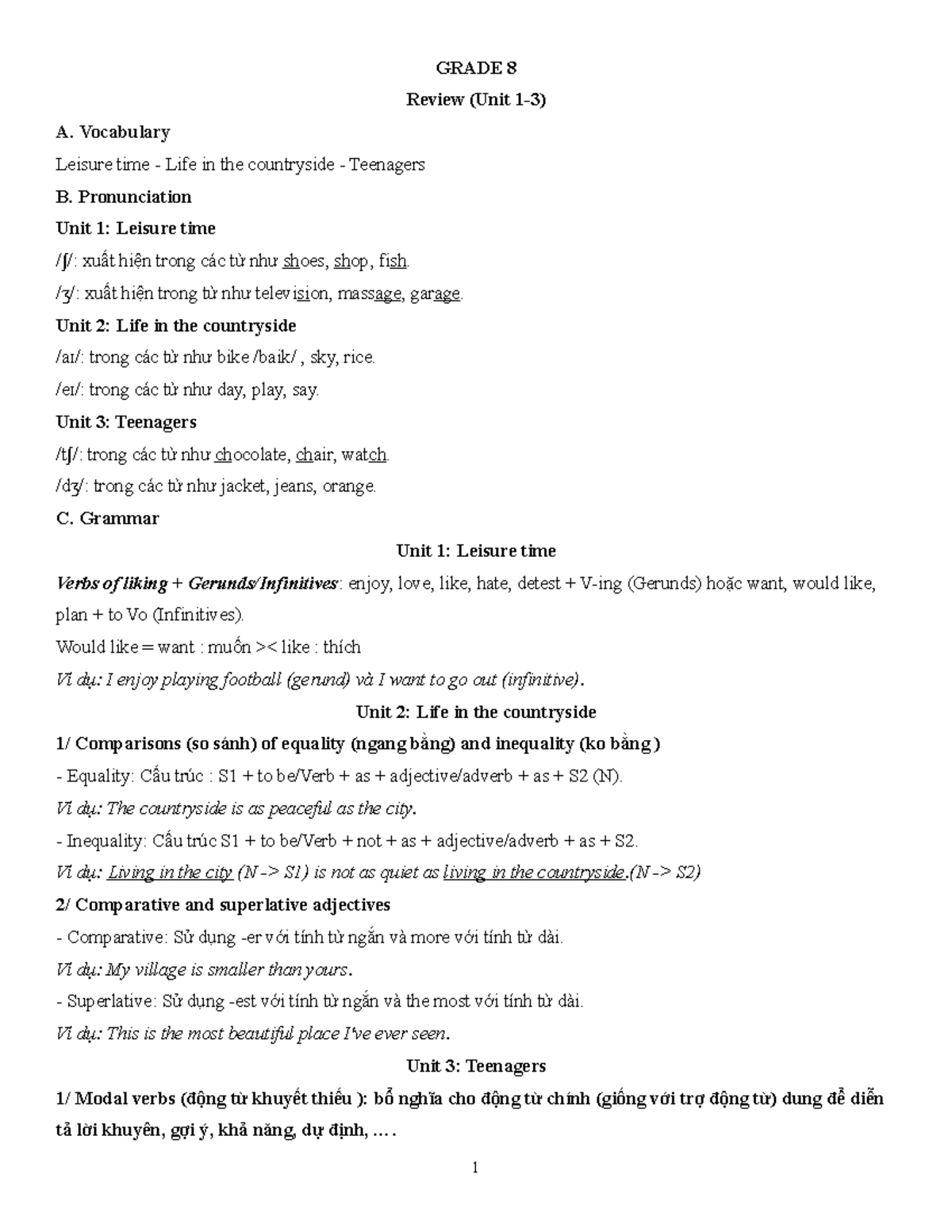 GRADE 8 Vocabulary & Grammar Review (Units 1-3) for Leisure Time ...