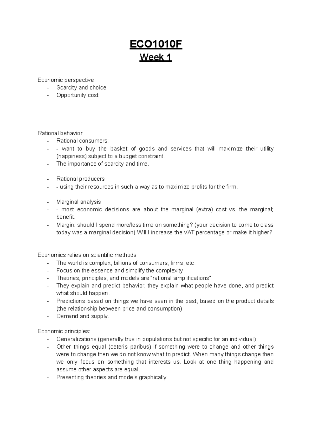 ECO1010F Week 1: Economic Perspectives on Scarcity & Choice - Studocu