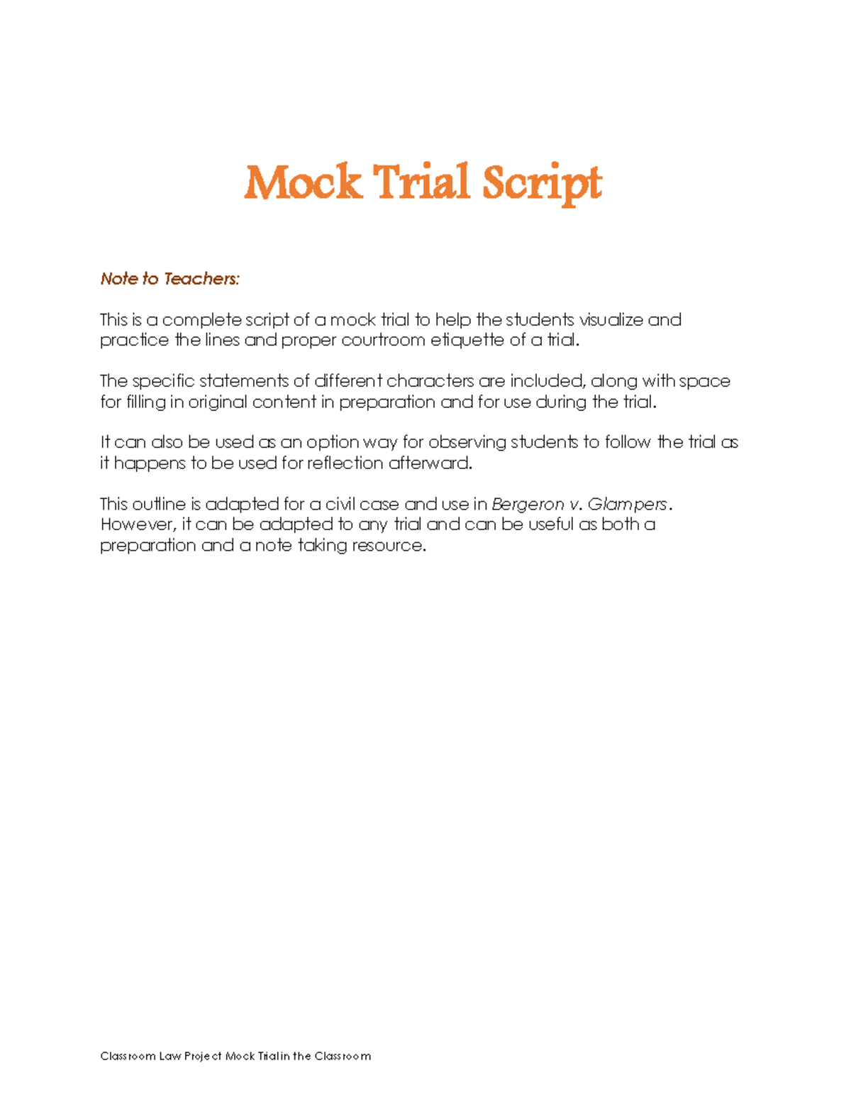 Mock Trial Script - Bergeron v. Glampers (Civil Case) - Studocu