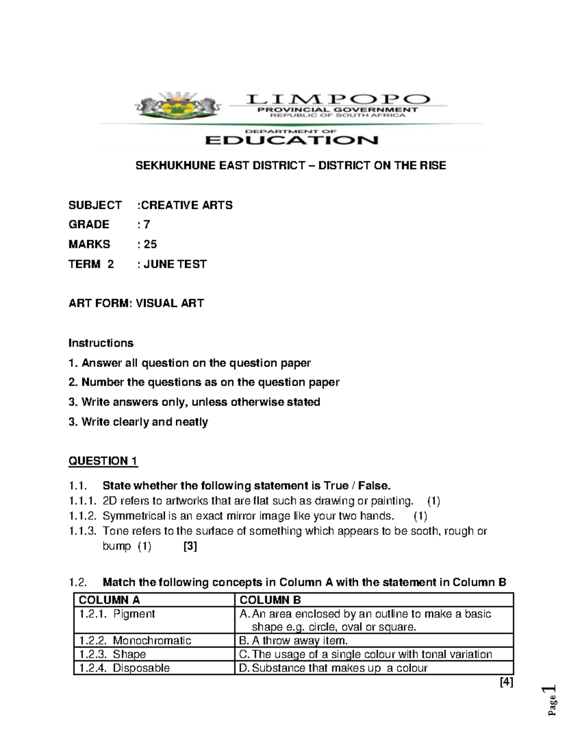 Creative ARTS Grade 7 June Test 2022: Visual ART Assessment (2) - Studocu