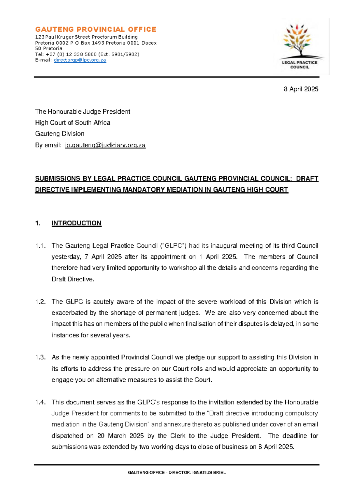 LPC Comments on Draft Mediation Directive - GAUTENG 2025 - Studocu