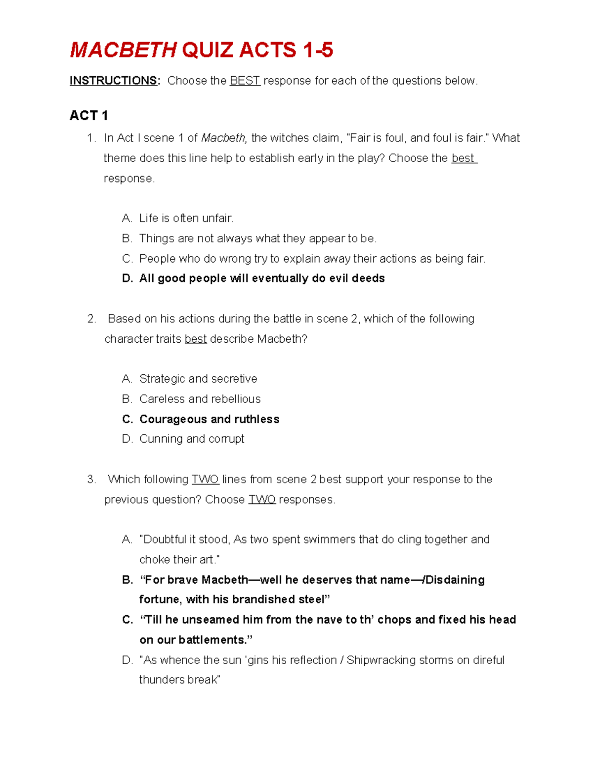 Macbeth Quiz: Comprehensive Review of Acts 1-5 - Studeersnel